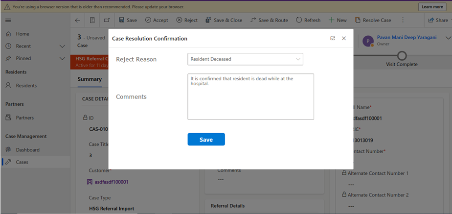 Opening a Custom page to capture entity details for Case Rejection in ...