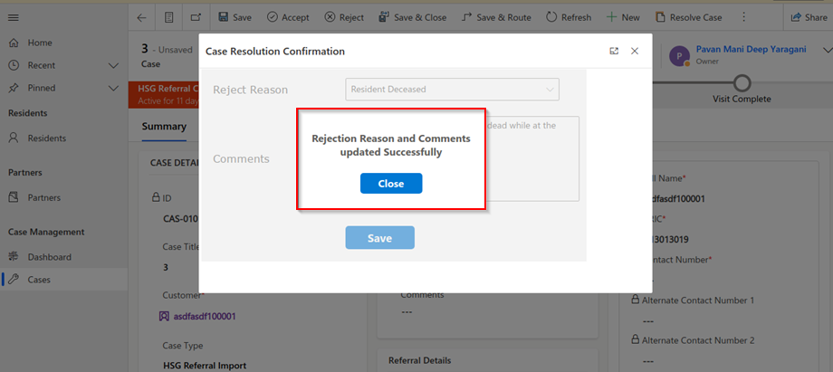 Opening a Custom page to capture entity details for Case Rejection in ...